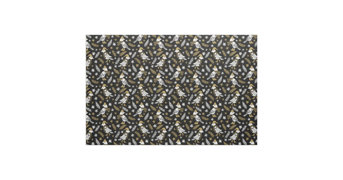 Cute Christmas Gold White Partridge Black Pattern Fabric | Zazzle