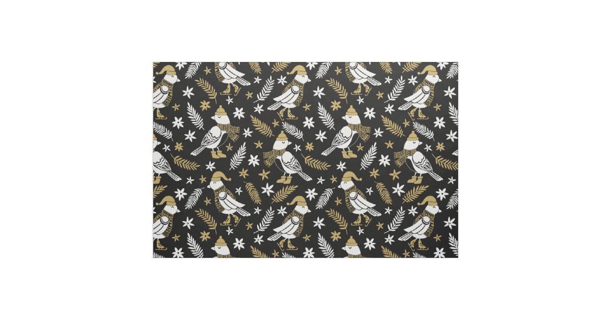 Cute Christmas Gold White Partridge Black Pattern Fabric | Zazzle