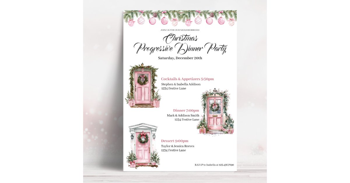 Cute Christmas Holiday Progressive Dinner Pink Invitation | Zazzle