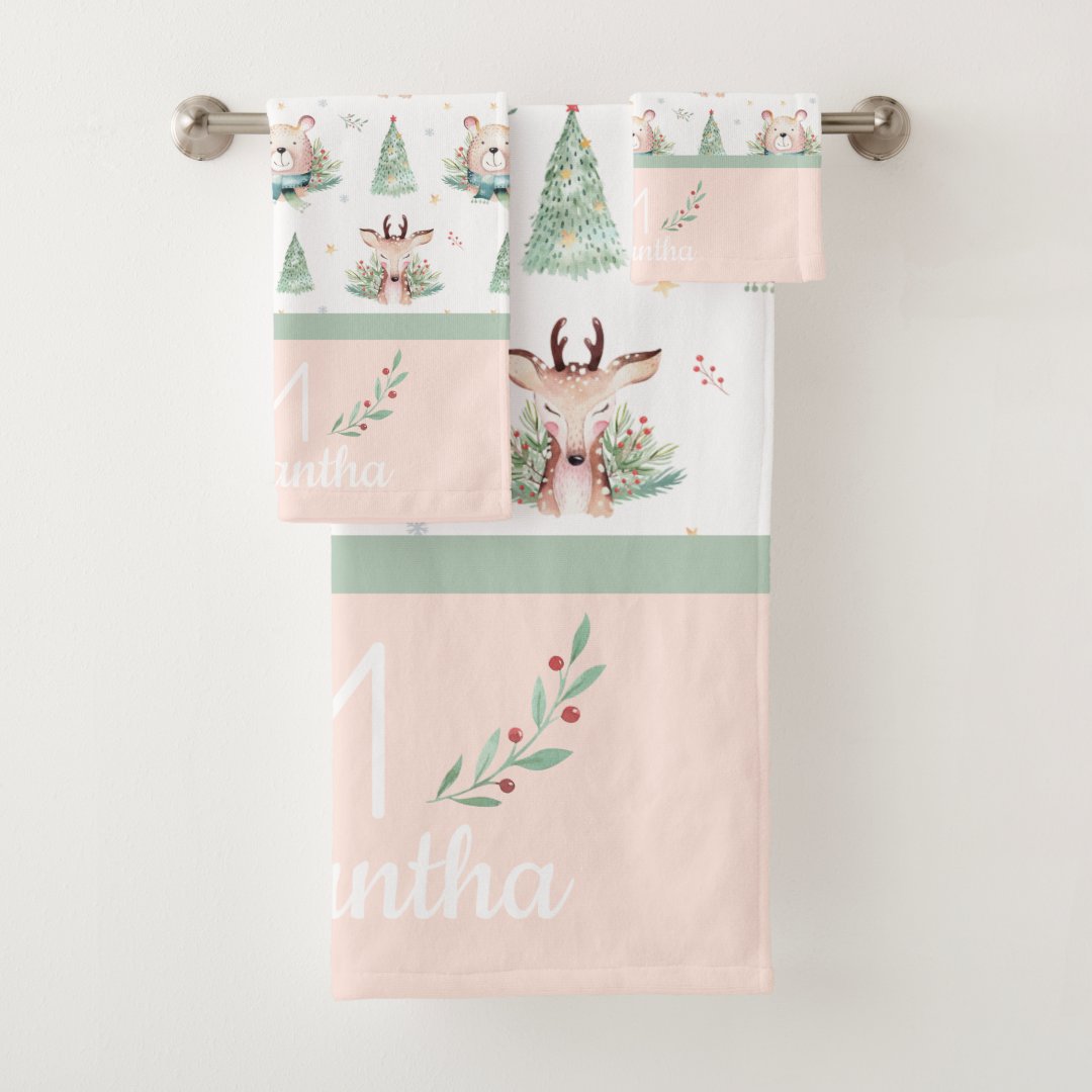 Cute Christmas Holiday Trees Bear & Deer Monogram Bath Towel Set | Zazzle