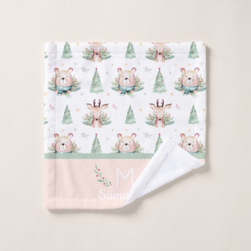 Cute Christmas Holiday Trees Bear & Deer Monogram Bath Towel Set | Zazzle