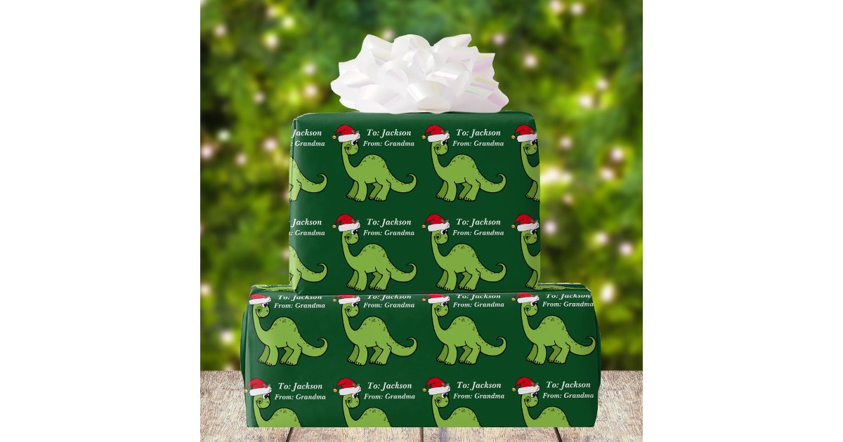 Cute Christmas Kids Dinosaur Santa Custom Wrapping Paper | Zazzle