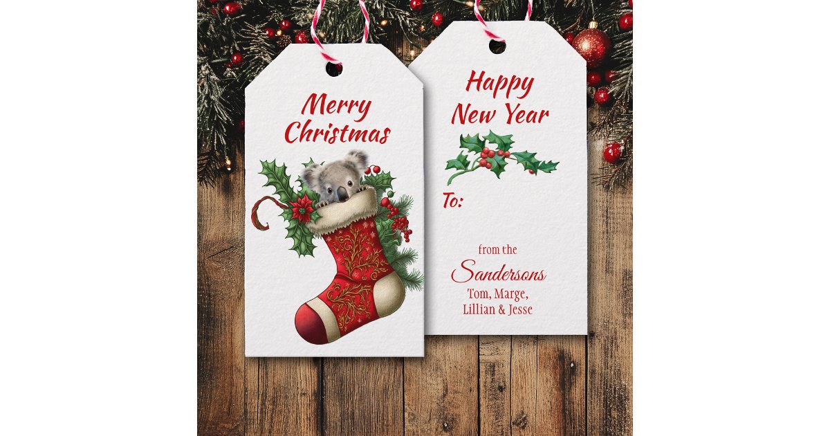 Cute Christmas Koala Bear Peeking Gift Tags | Zazzle