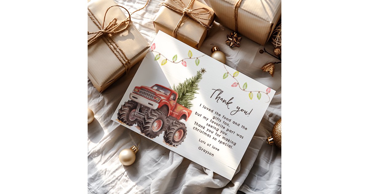 Cute Christmas Monster Trucks Thank You Card | Zazzle