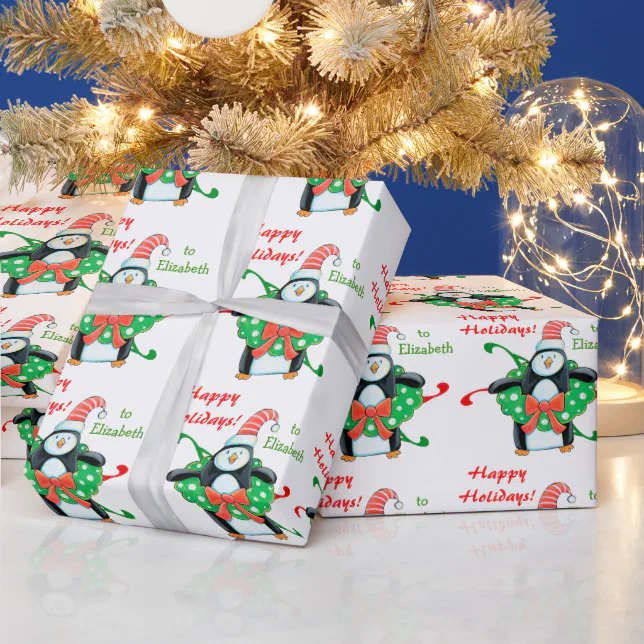 Cute Christmas Penguin Personalized Kids Wrapping Paper | Zazzle