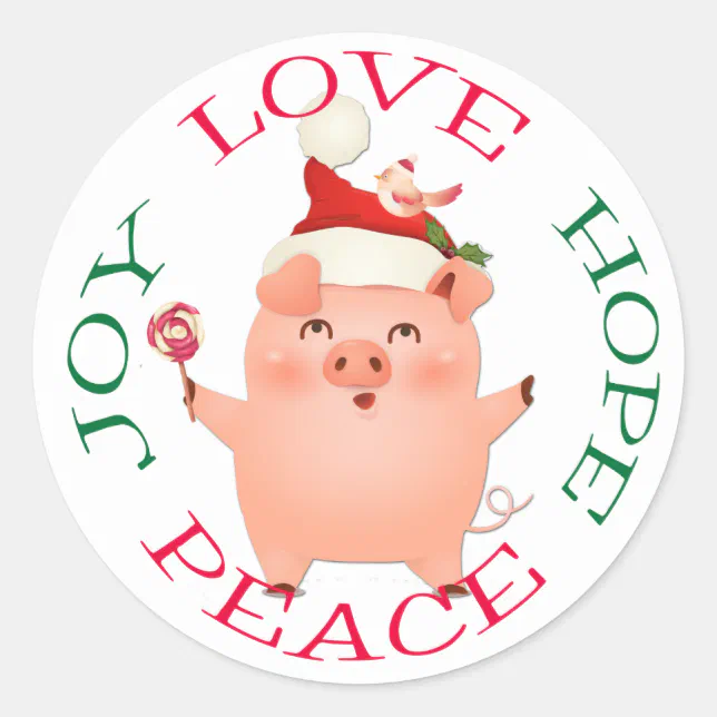 Cute Christmas Pig Hope Peace Classic Round Sticker | Zazzle