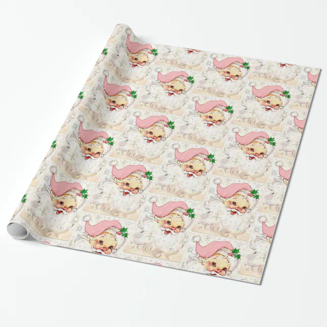Cute Christmas Pink Retro Vintage Santa Wrapping Paper | Zazzle
