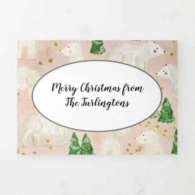 Cute Christmas Polar Bears in Evergreen Forest Tri-Fold Holiday Card ...