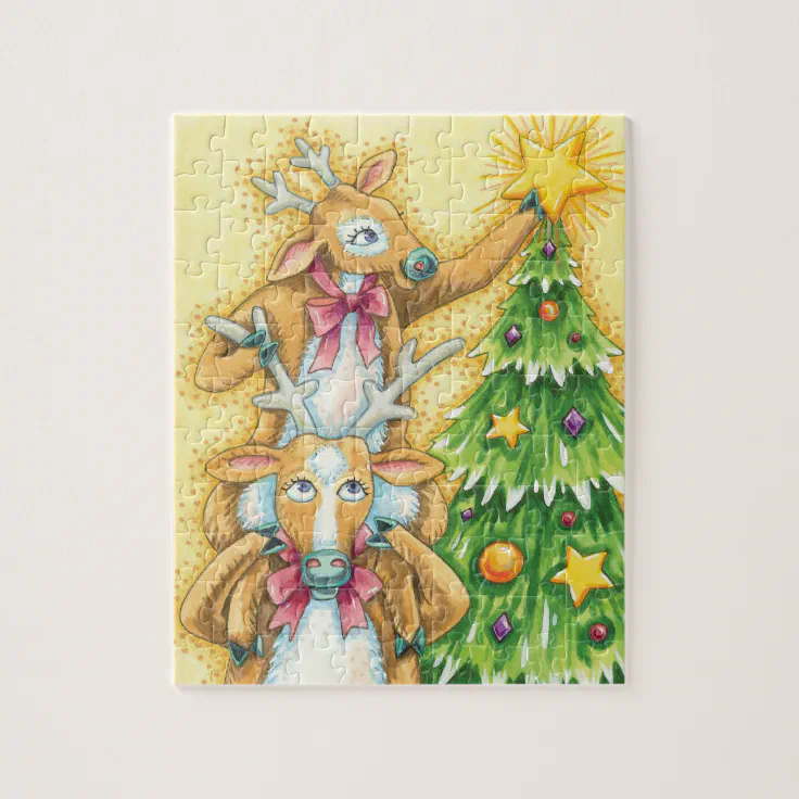 Cute Christmas Reindeer With Christmas Tree Star Jigsaw Puzzle | Zazzle