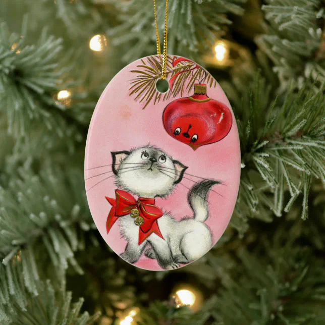 Cute Christmas Retro Vintage Kitten Cat Tree Pink Ceramic Ornament | Zazzle