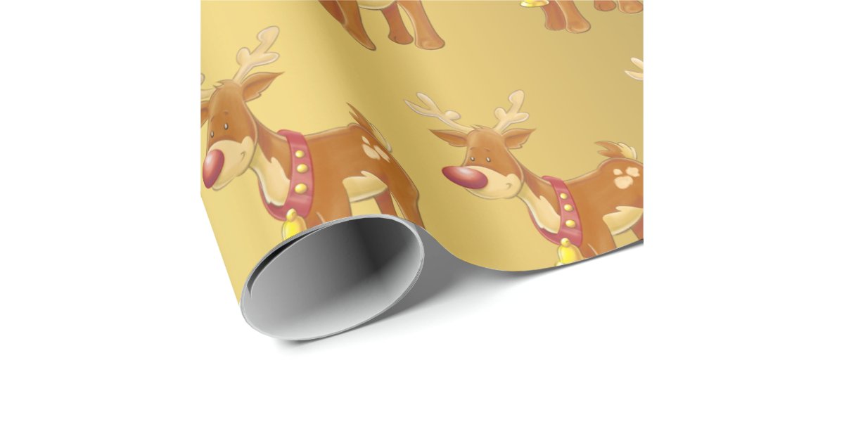 Cute Christmas Rudolph Pattern & Gold Wrapping Paper | Zazzle