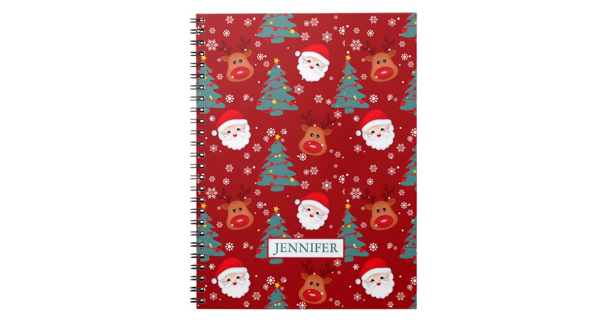 Cute Christmas Santa Reindeer Personalized Name Notebook | Zazzle