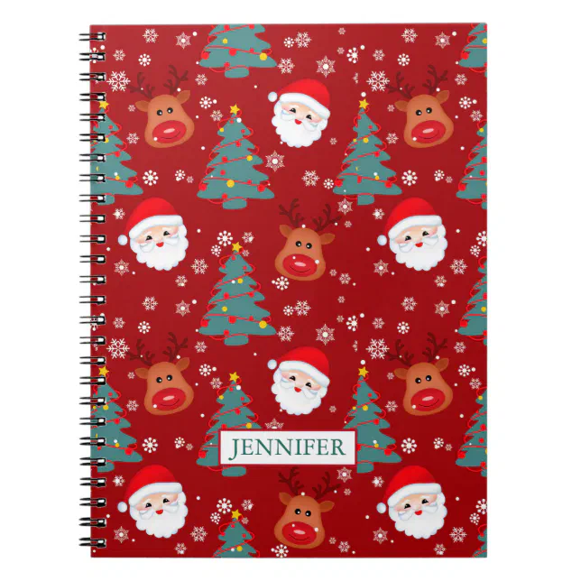 Cute Christmas Santa Reindeer Personalized Name Notebook | Zazzle