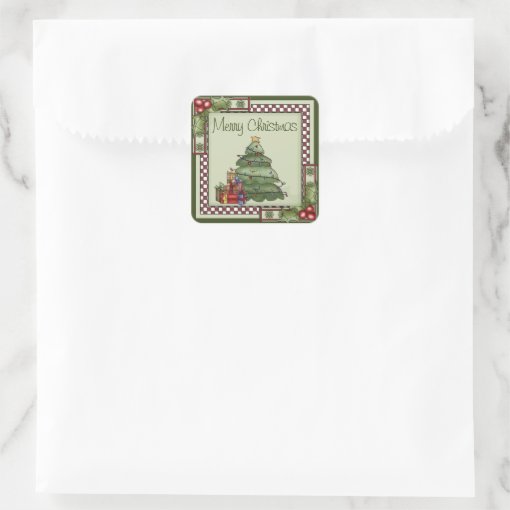 Cute Christmas Tree and Gifts Merry Christmas Square Sticker | Zazzle