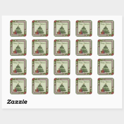 Cute Christmas Tree and Gifts Merry Christmas Square Sticker | Zazzle