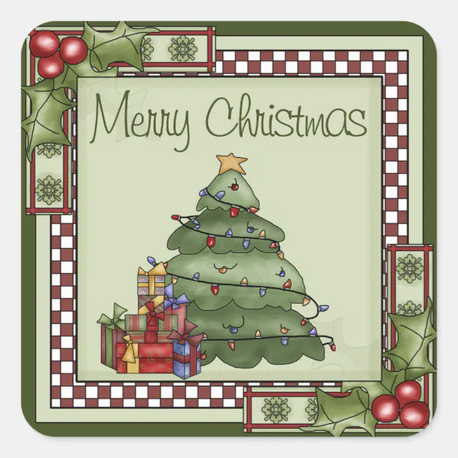 Cute Christmas Tree and Gifts Merry Christmas Square Sticker | Zazzle
