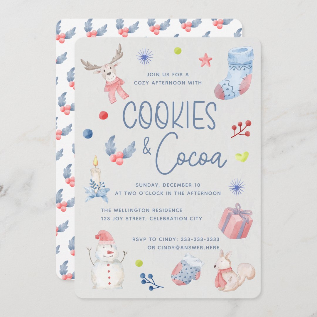 Cute Christmas Watercolor Script Cookies Cocoa Invitation | Zazzle