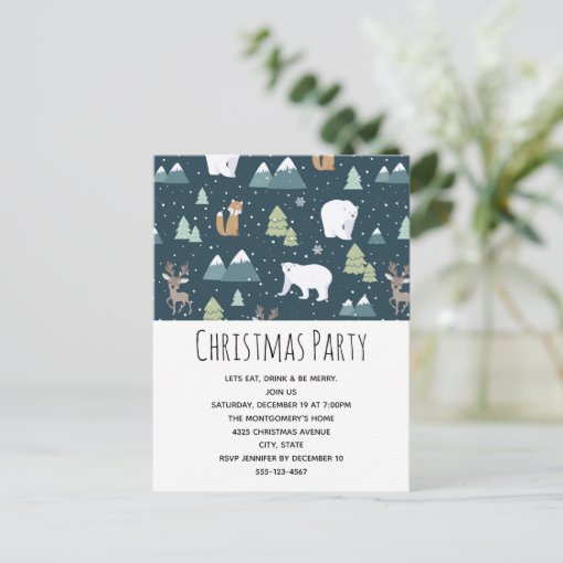 Cute Christmas Winter Animals Pattern Party Invitation Postcard | Zazzle