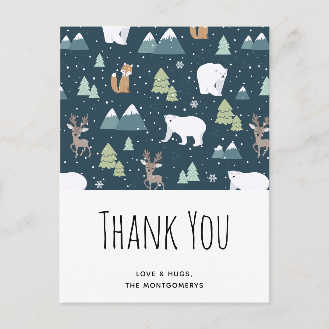 Cute Christmas Winter Animals Pattern Thank You Postcard | Zazzle
