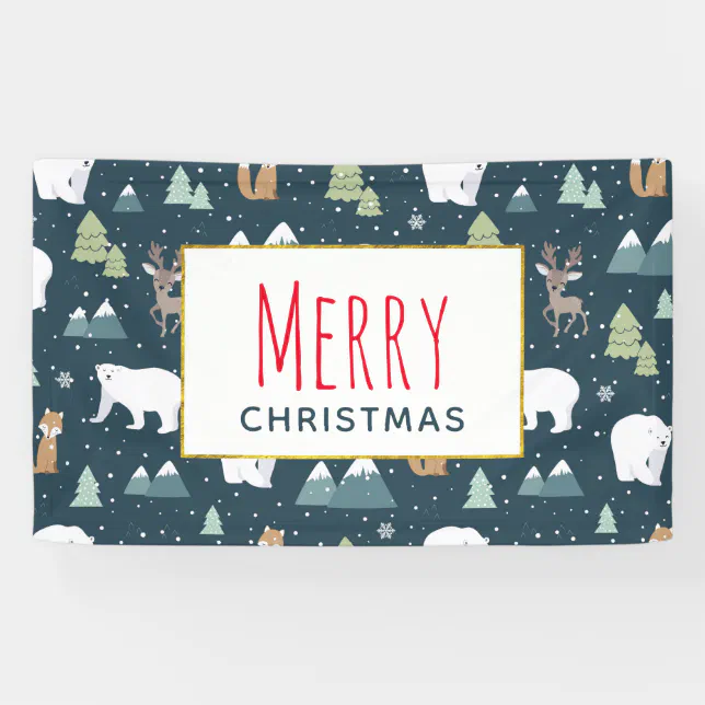 Cute Christmas Winter Animals Rustic Pattern Banner | Zazzle