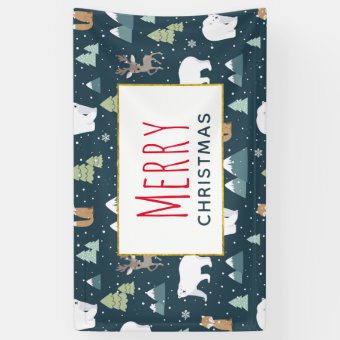 Cute Christmas Winter Animals Rustic Pattern Banner | Zazzle