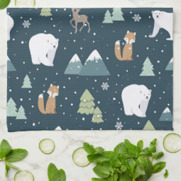 Cute Christmas Winter Animals Rustic Pattern Kitchen Towel | Zazzle