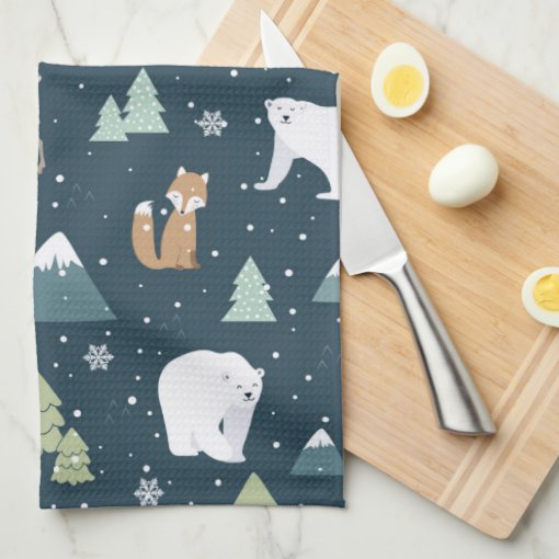 Cute Christmas Winter Animals Rustic Pattern Kitchen Towel | Zazzle