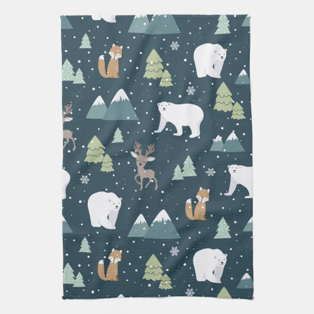 Cute Christmas Winter Animals Rustic Pattern Kitchen Towel | Zazzle