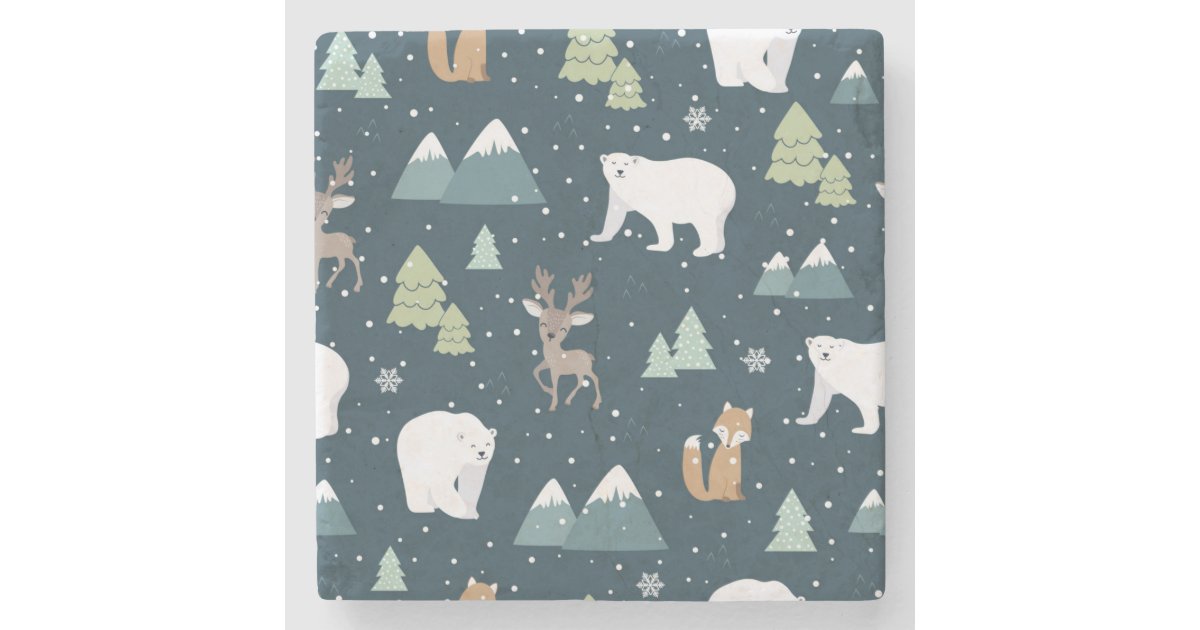 Cute Christmas Winter Animals Rustic Pattern Stone Coaster | Zazzle