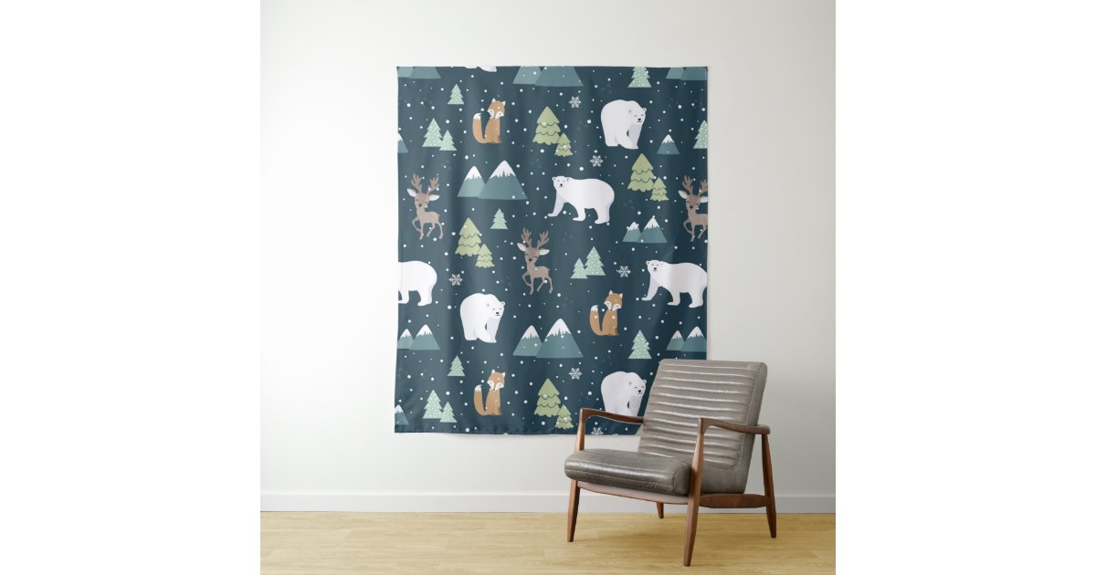 Cute Christmas Winter Animals Rustic Pattern Tapestry | Zazzle