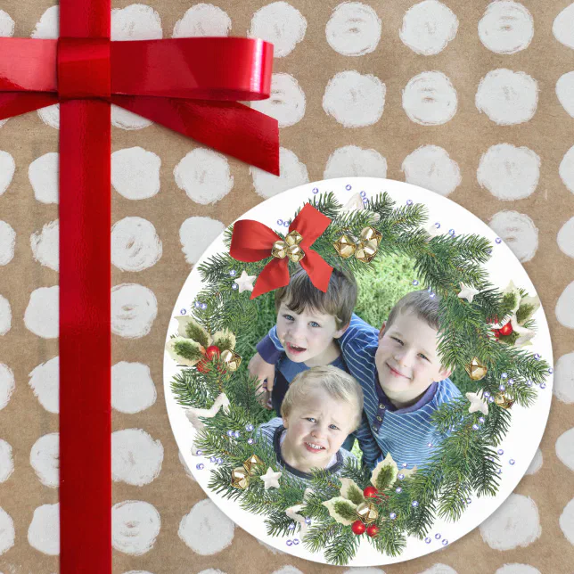 Cute Christmas Wreath Photo Drop In Holiday Classic Round Sticker | Zazzle