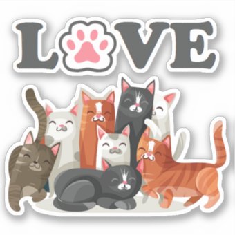 Cute Clowder of Cats Illustration with LOVE Sticker | Zazzle