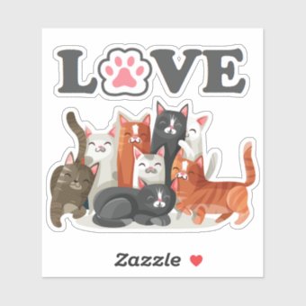 Cute Clowder of Cats Illustration with LOVE Sticker | Zazzle