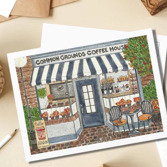 Cute Coffee House Storefront Watercolor Postcard | Zazzle