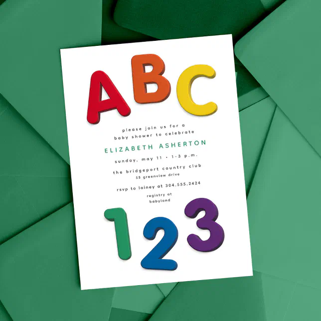 Cute colorful ABC 123 neutral baby shower Invitation | Zazzle