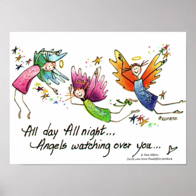 Cute Colorful Angels Watching Over Baby drawing Poster | Zazzle