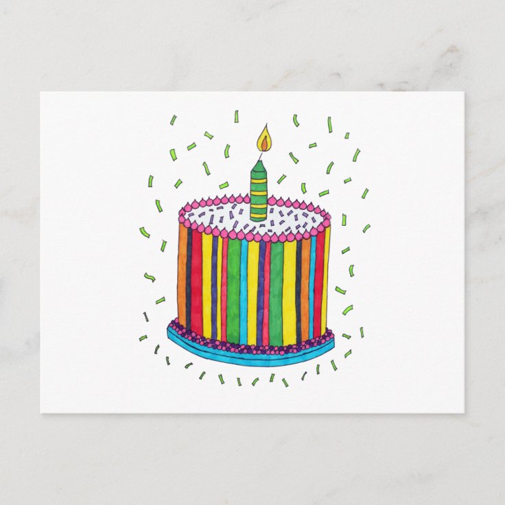 Cute Colorful Birthday Party Cake Postcard | Zazzle