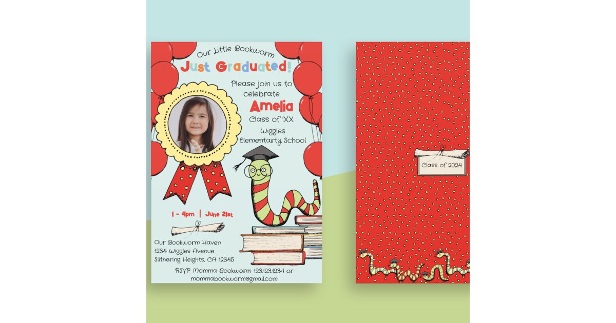 Cute Colorful Bookworm Graduation Party with Photo Invitation | Zazzle