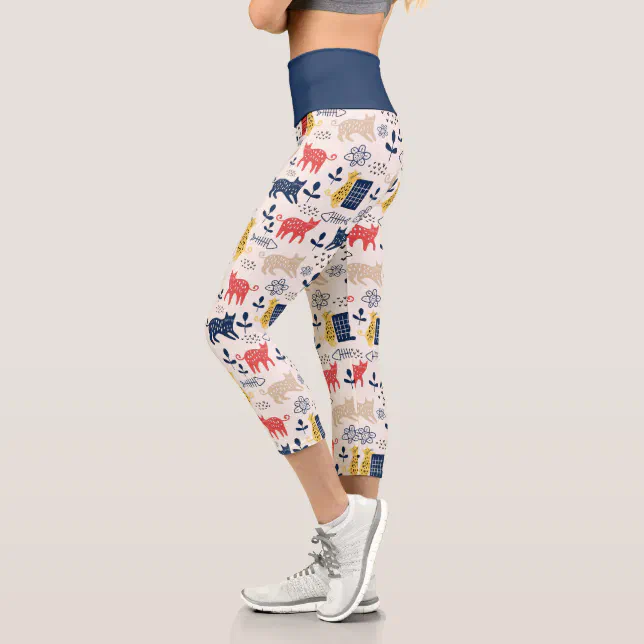 Cute Colorful Botanical Floral Cat Capri Leggings | Zazzle
