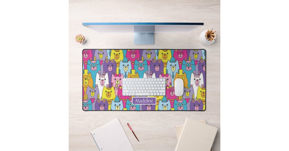 Cute Colorful Cartoon Cats Pattern Personalized Desk Mat | Zazzle