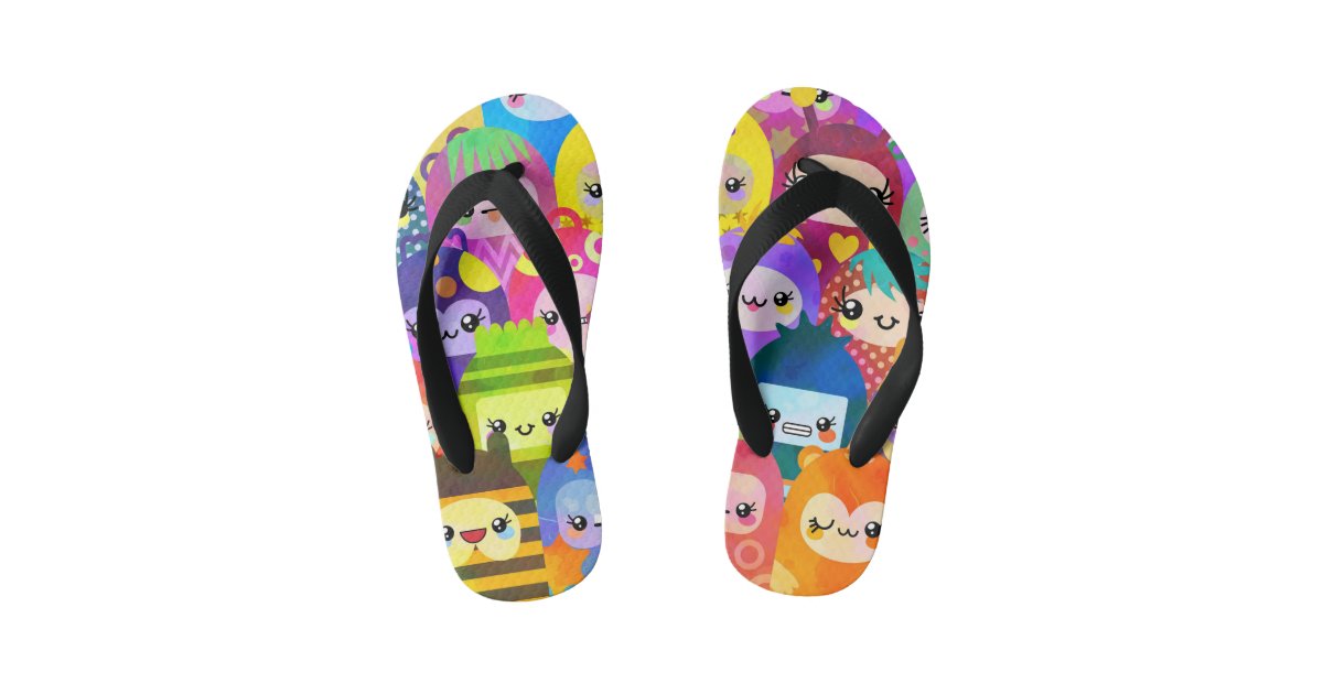 Cute Colorful Cartoon People Characters Kid's Flip Flops | Zazzle