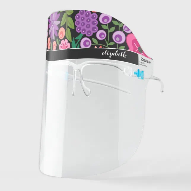 Cute Colorful Floral Pattern Script Name Black Face Shield | Zazzle