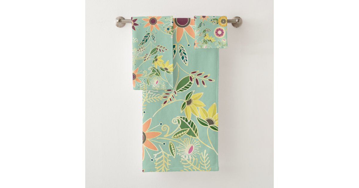 Cute Colorful Folk Floral Original Golden Design Bath Towel Set | Zazzle