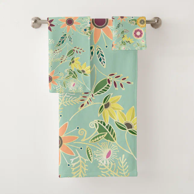 Cute Colorful Folk Floral Original Golden Design Bath Towel Set | Zazzle
