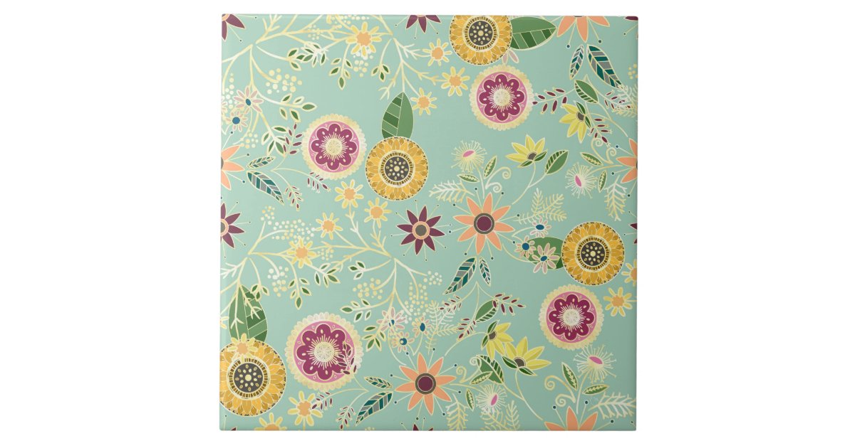 Cute Colorful Folk Floral Original Golden Design Ceramic Tile | Zazzle