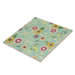 Cute Colorful Folk Floral Original Golden Design Ceramic Tile | Zazzle