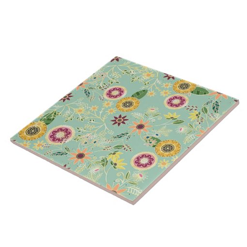 Cute Colorful Folk Floral Original Golden Design Ceramic Tile | Zazzle