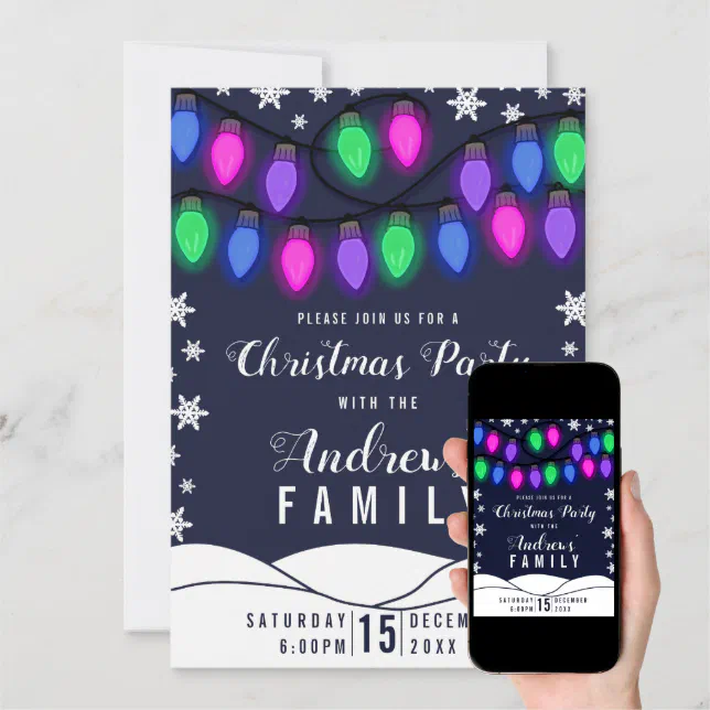 Cute Colorful Glowing Hanging Lights Christmas Invitation | Zazzle