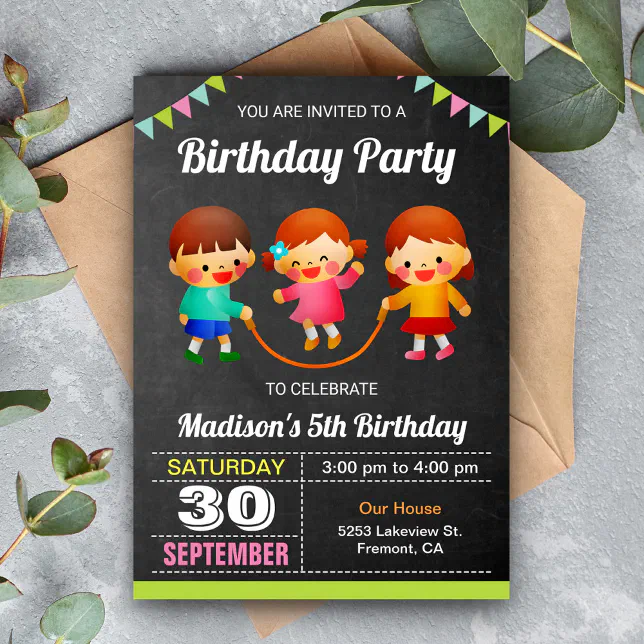 Cute Colorful Kids Skipping Rope Birthday Party Invitation | Zazzle