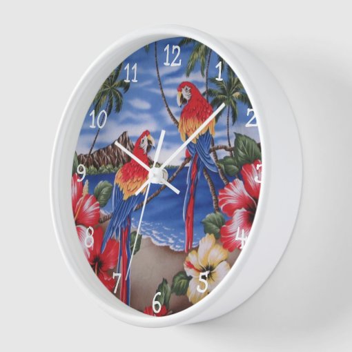 Cute Colorful Macaw Parrots On Hawaiian Beach Wall Clock | Zazzle